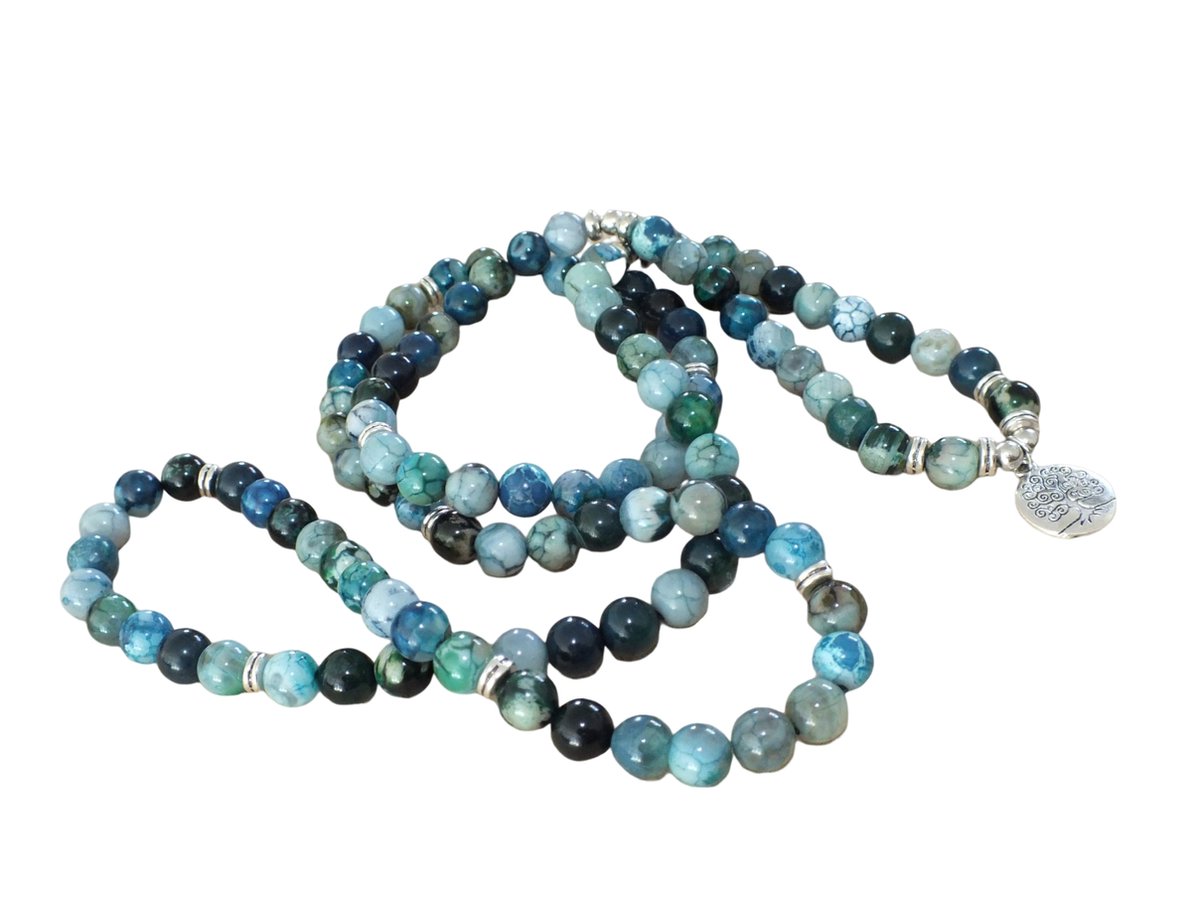 108 Mala Ketting Edelsteen Blauw Groen met levensboom | Sparkolia ...