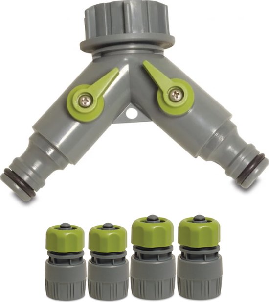 Waterverdeler SET 2-weg / incl. 4x snelkoppelingen (1/2" en 3/4") met waterstop | bol