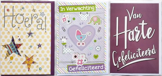 In Verwachting + Van Harte Gefeliciteerd + Hoera! – 3 Wenskaarten - 12 ...
