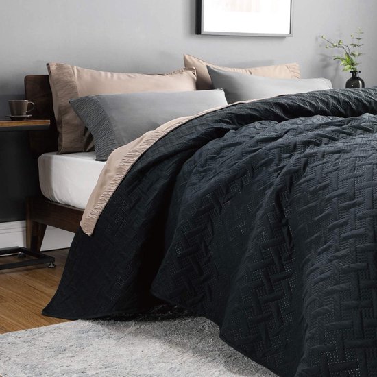 Bedsure Sprei, bedsprei, 220 x 240 cm, zwart - doorgestikt, sprei ...