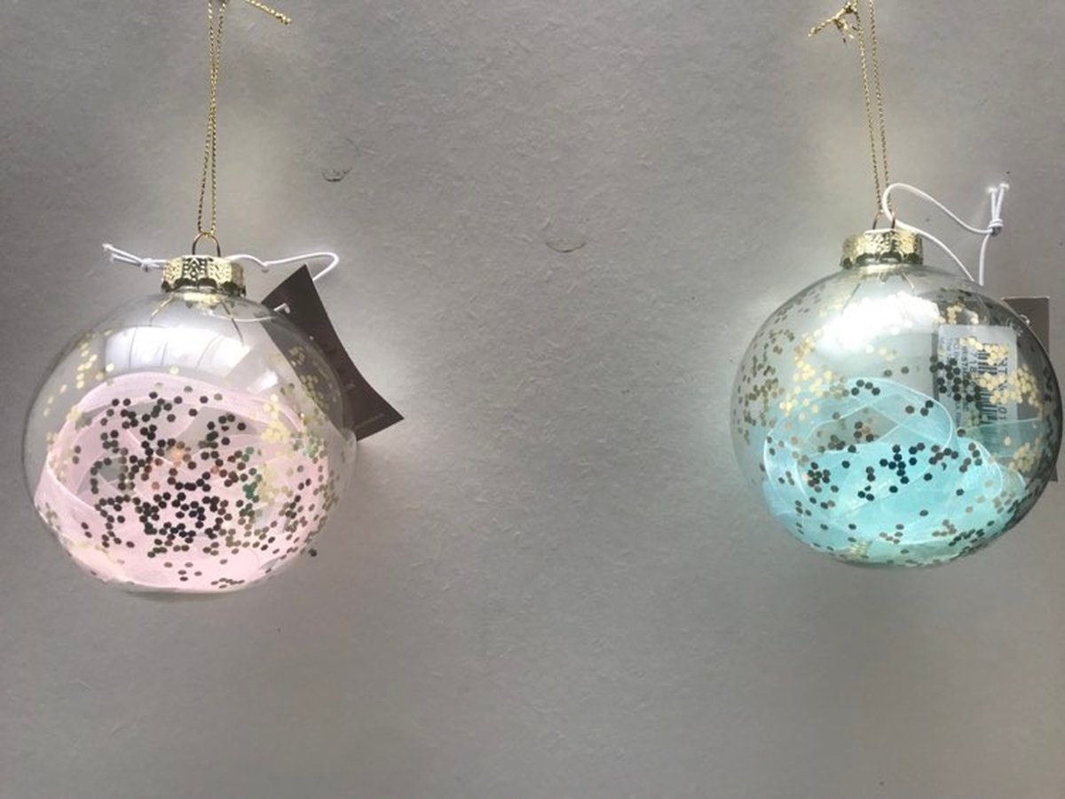 Set van 2 glazen kerstballen gevuld met glitter en lint roos en blauw ...