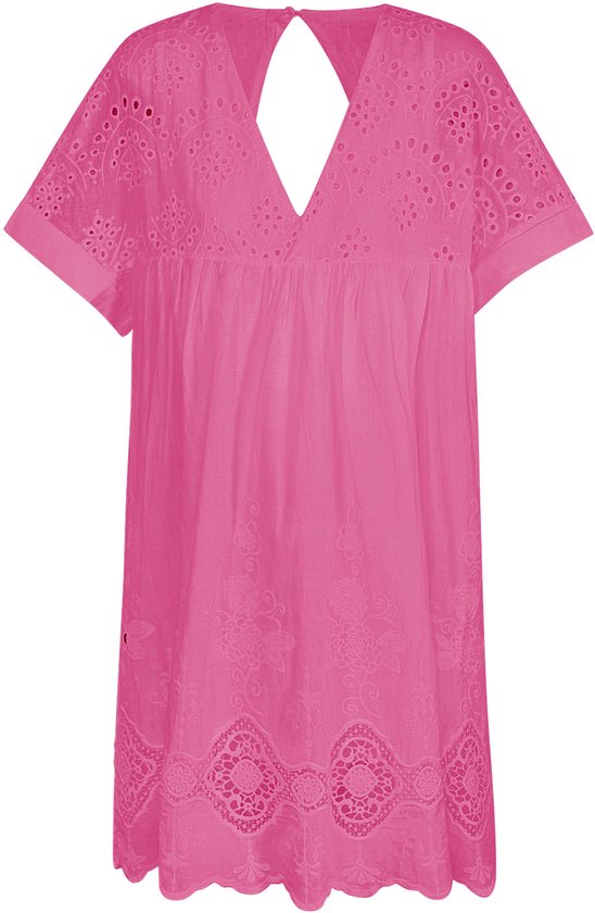 Korte zomerjurk fuchsia – Broderie jurk met open rug – 100% katoen – V ...