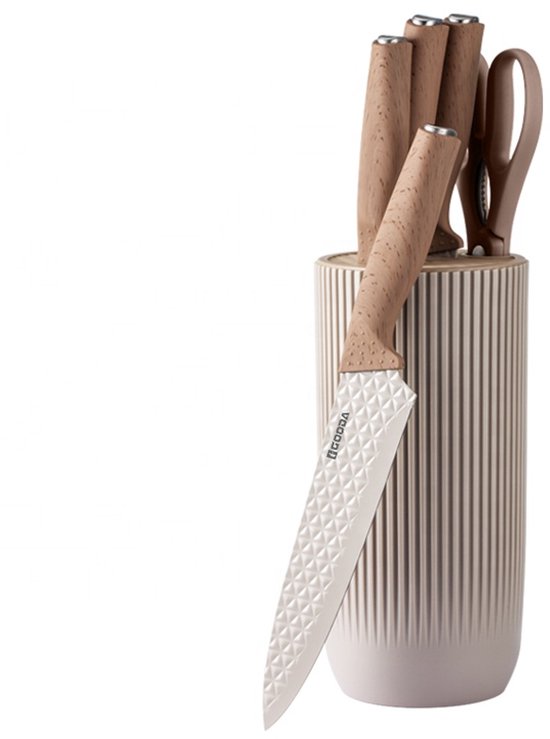 Messenset met blok 6-delig - RVS keukenmessen - houtlook messenblok ...