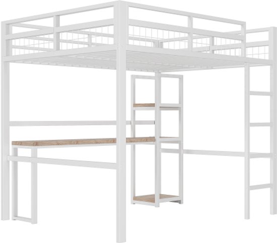 Hoogslaper, 140 x 200 cm, ijzeren frame, meerdere legplanken, bureau ...
