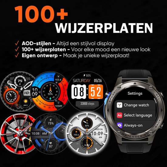 Synyq GPS Pro Smartwatch Heren - 53mm - AMOLED - 5ATM Waterdicht - GPS ...
