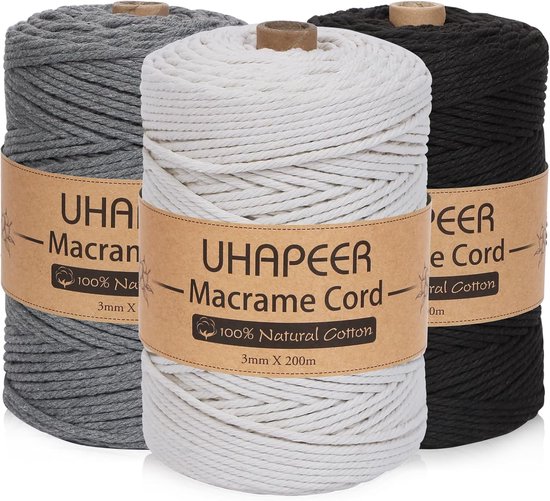 Macramé touw - 200 m x 3 mm - 4-laags premium katoenen touw - knutselen ...