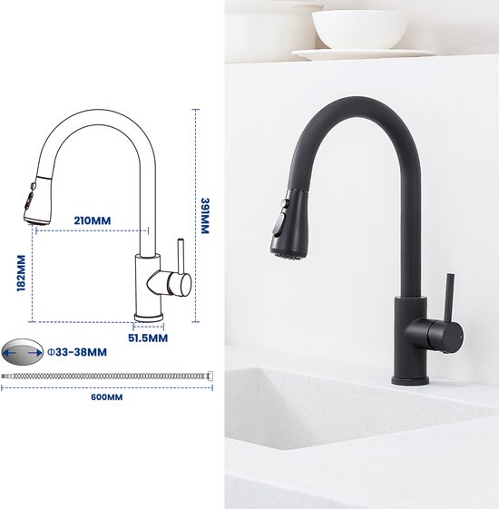 Cecipa max Zwarte Keukenkraan met Uittrekbare uitloop - 2 Straalsoorten - 360°... | bol