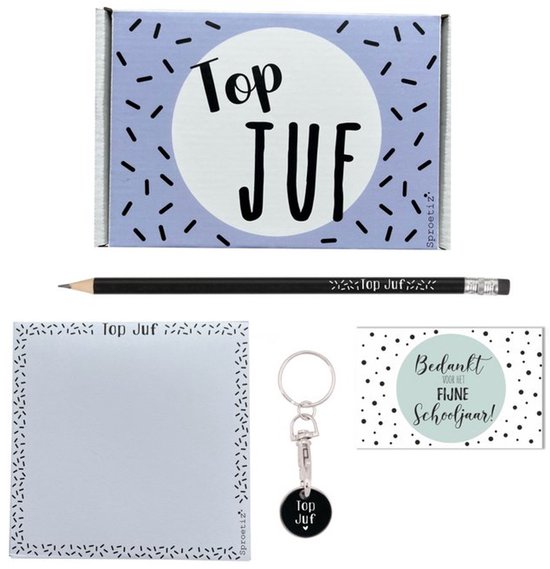 Set top juf. Set van notitieblok, sleutelhanger, potlood, minikaartje in kadodoosje | bol