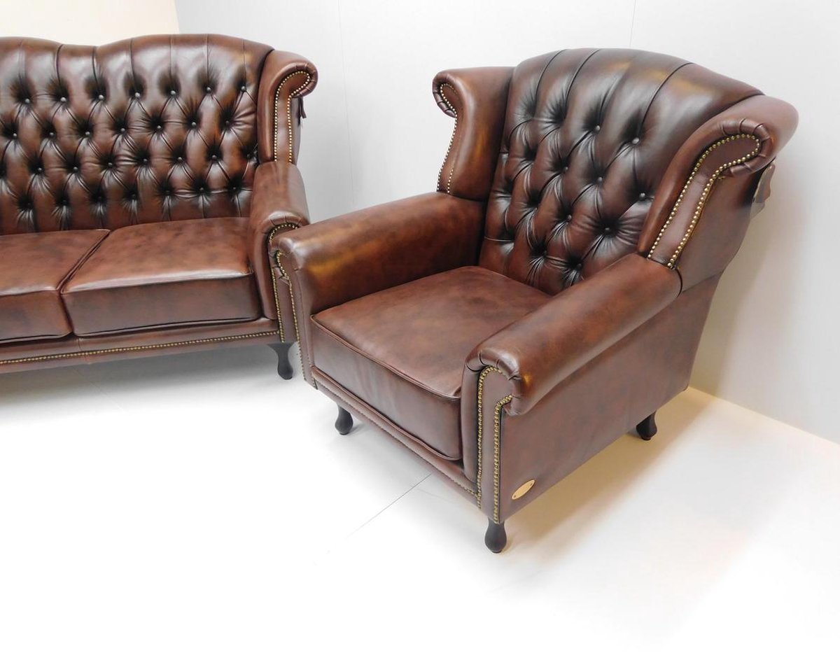 Chesterfield Queen Anne bankstel 3-1-1 zits CROWN antiek bruin leer ...