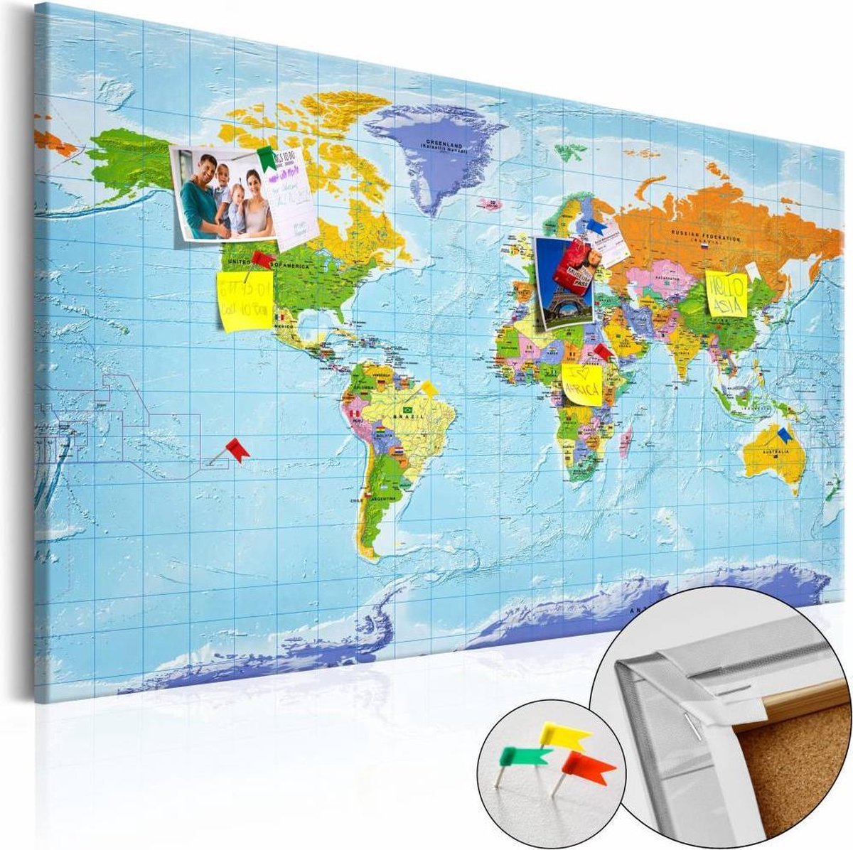 Afbeelding op kurk - Wereldkaart Gedetailleerd, Multikleur , 1luik ...