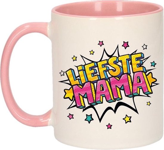 Liefste mama cadeau koffiemok / theebeker wit en roze met sterren - 300 ml - keramiek... | bol.com