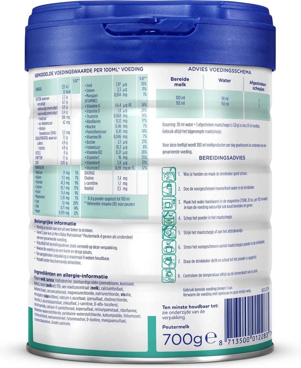 Hero Baby Nutrasense 4 (2+ Jaar) - Flesvoeding - 1 x 700gr - Peutermelk ...