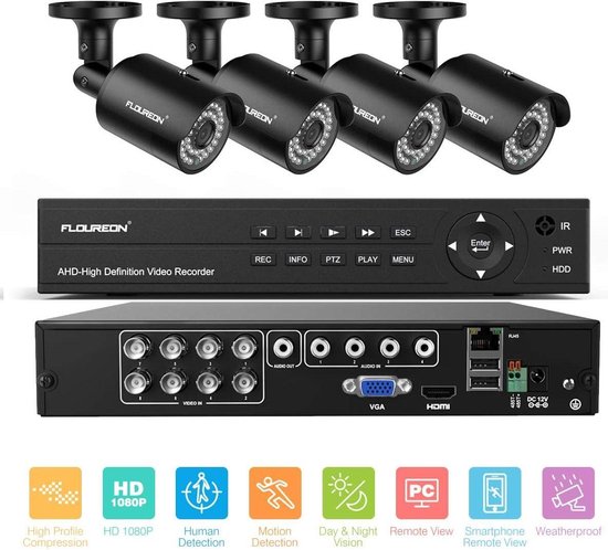 Floureon 5-in-1 bewakingsysteem set - 8CH DVR - XVI-CCTV Camera - HD 4 ...