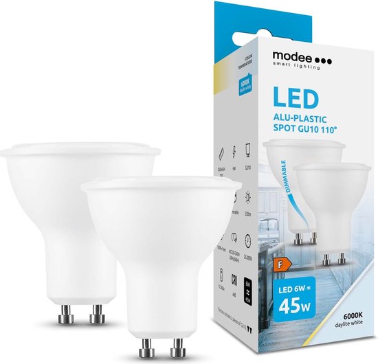 2 Pack Led Spot Gu10 Dimbaar 6w Vervangt 45w 6000k Daglicht Wit