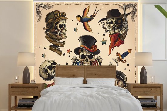 Behang - Fotobehang klassieke schedel tatoeages - Breedte 280 cm x ...