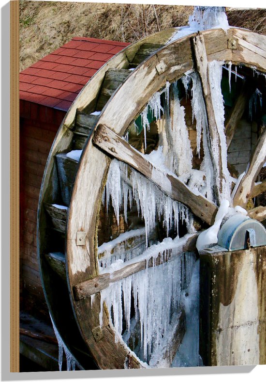 WallClassics - Hout - Bevroren Waterwiel met IJspegels - 50x75 cm - 9 ...