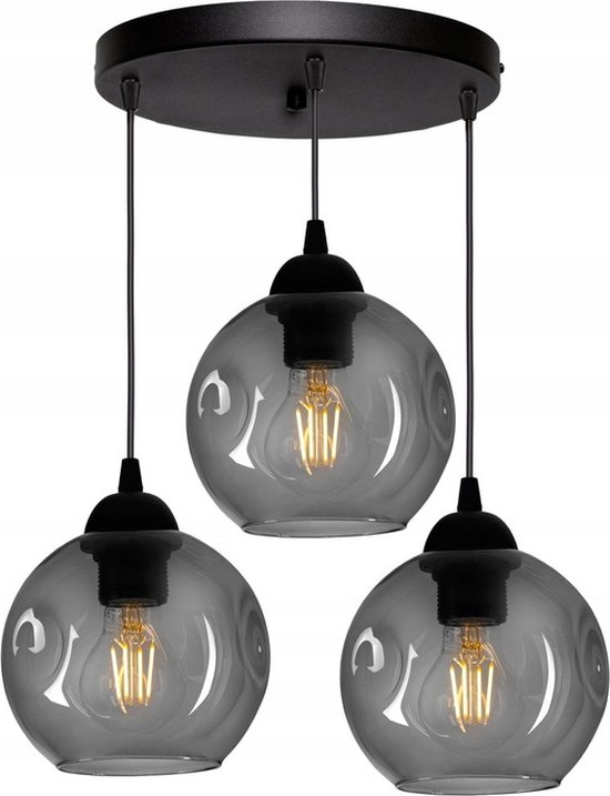 Hanglamp Met 3 Rookgrijze Bollen - Industrieel Zwart Smoke Glas Bol ...