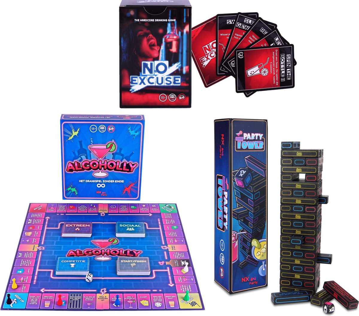 NX Party® bundel - Alcoholly® + No Excuse + Party tower - Drankspellen ...