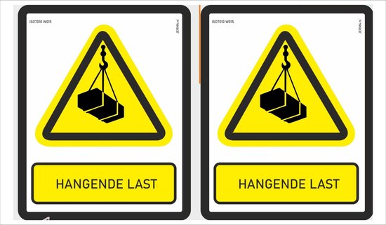 ISO 7010 W015 Hangende last Waarschuwing M set 2 stickers 14x18 cm ...