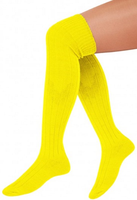 Paar Lange knie kousen fluor geel 41-47 - carnaval thema feest party ...