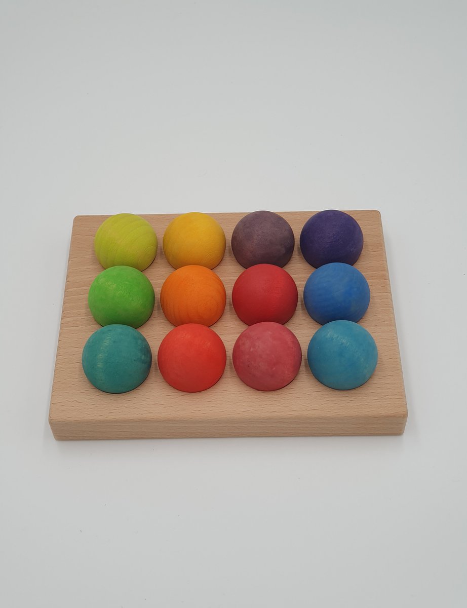 Houten ballen en sorteerplank - Regenboogkleuren - 12 ballen - Open ...