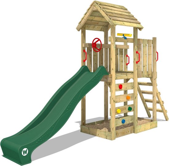 WICKEY speeltoestel klimtoestel JoyFlyer met houten dak & groene ...