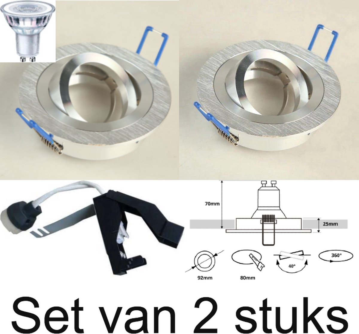 Inbouwspots aluminium met ledlamp set van 2 stuks 230 Volt - Led ...