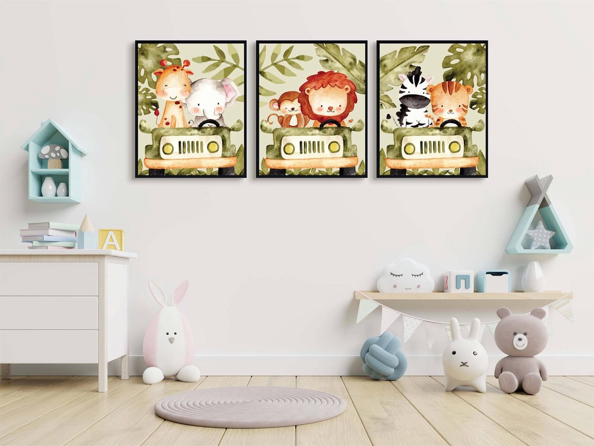 Postercity - Poster Set 3 Jungle Leeuw Tijger Aapje Olifant en Zebra in ...