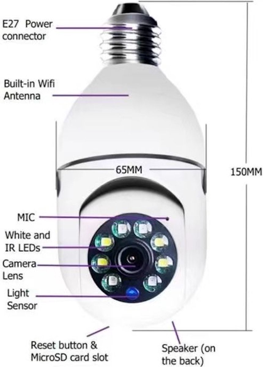 AFINTEK WiFi Panorama Camera Basic | Beveiligingscamera Voor E27 Lamp Fitting | bol