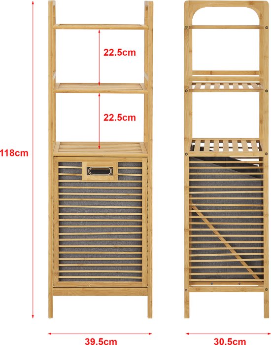 Wasmand - Wasrek - Met waszak - Bamboe & stof - Hout kleurig & grijs ...