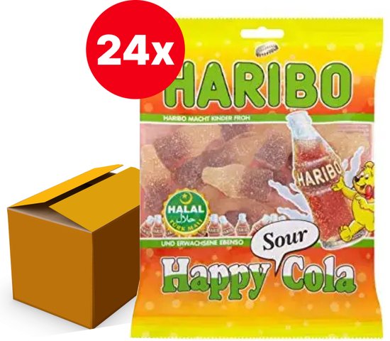 Haribo Halal - Happy Sour Cola - doos 24 zak a 100 gram | bol
