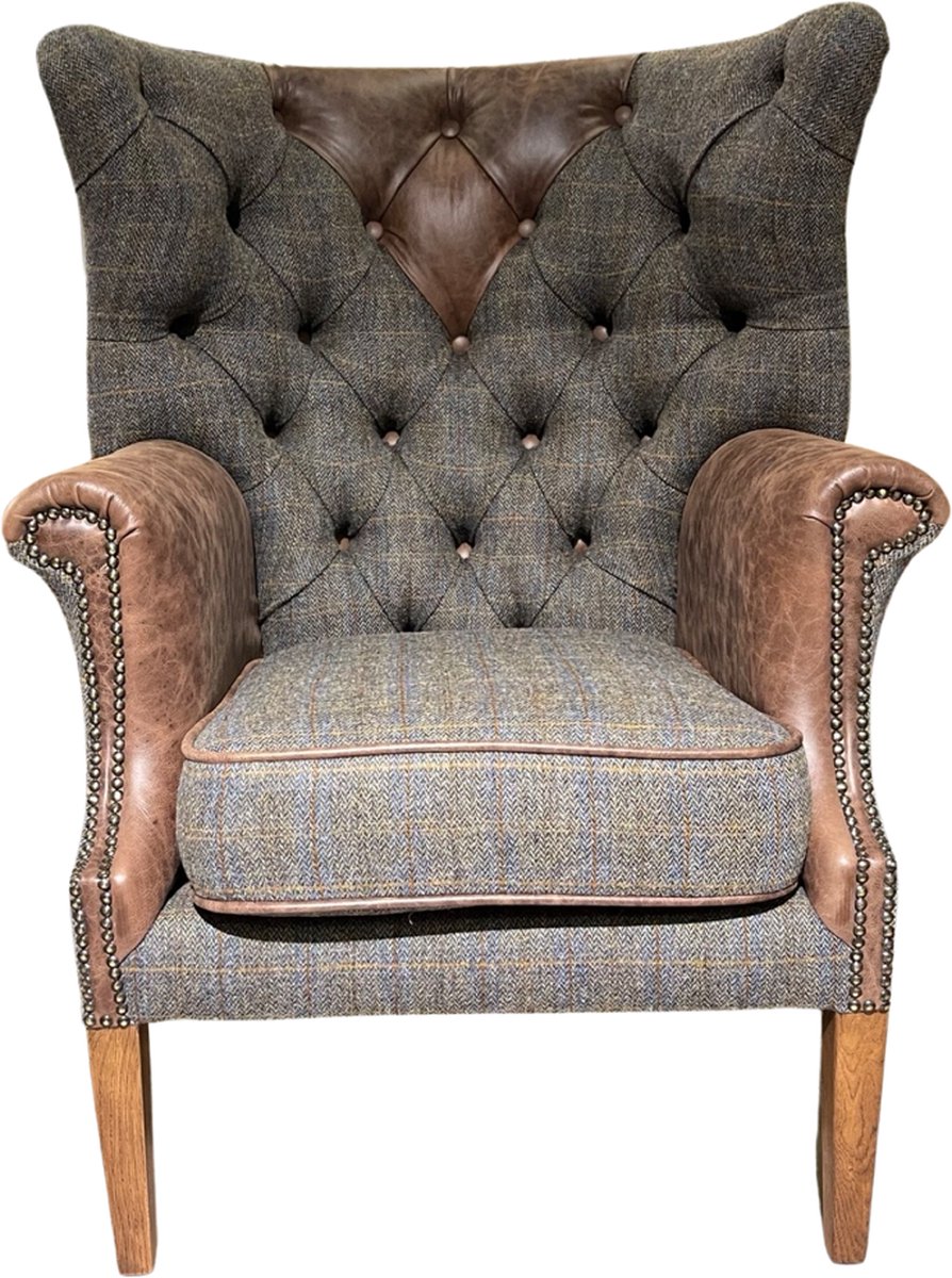 Chesterfield fauteuil Harris Tweed Wol met vintage leer Wing Chair | bol