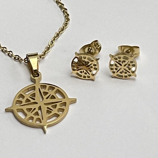 Wellness-House | RVS Ketting Oorbel-set Kompas Goud | Innerlijk Kompas ...