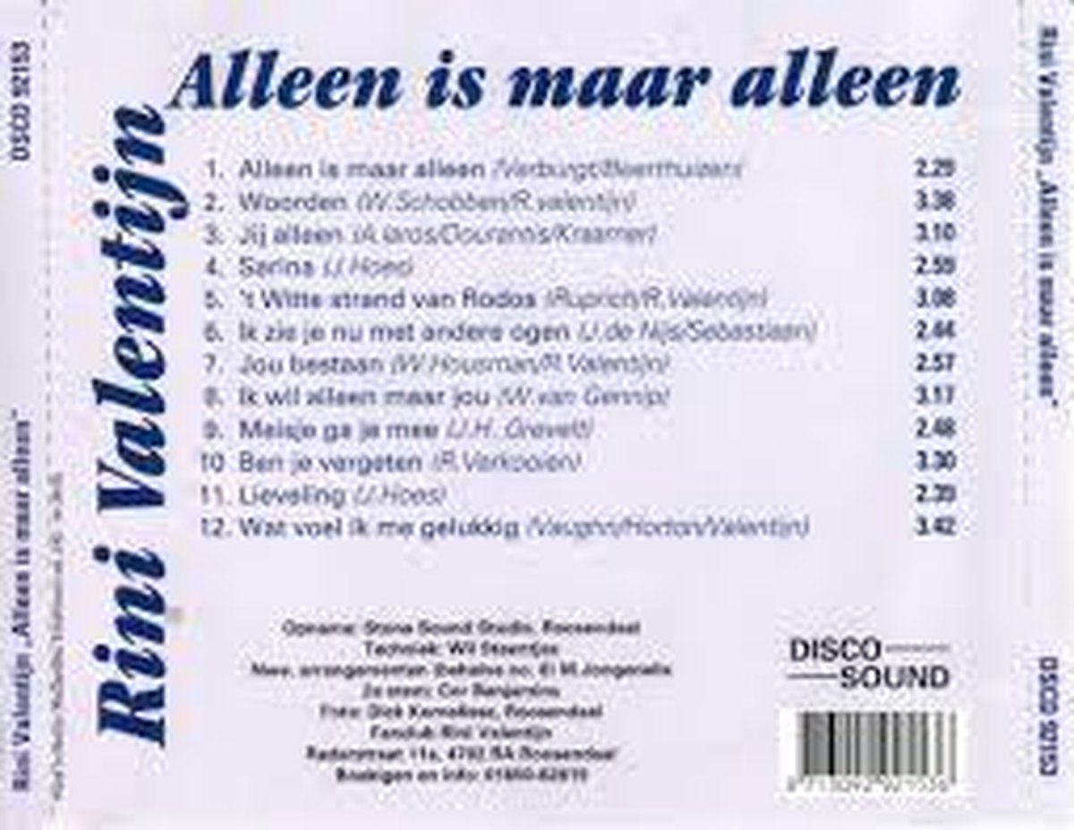 Rini Valentijn - Alleen is maar aleen, Rini Valentijn | CD (album ...
