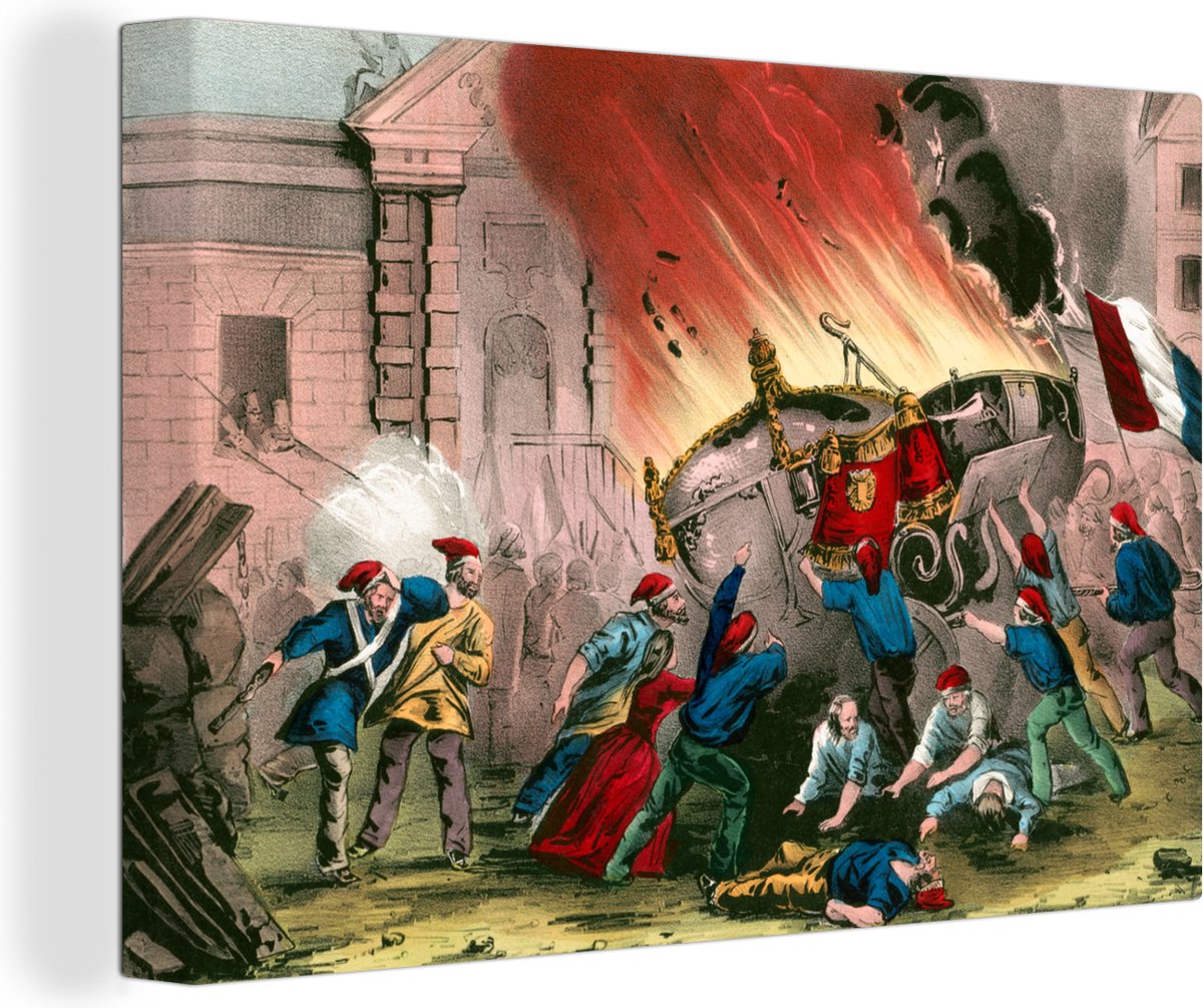 Peinture sur toile dessin d'un carrosse en feu pendant la Révolution ...