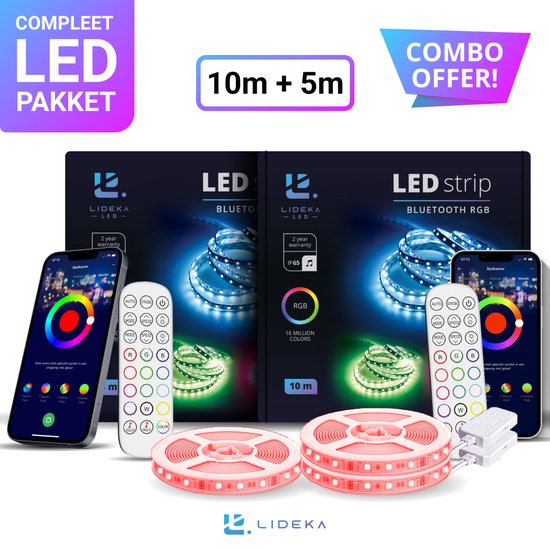 Lideka - LED-strip App - Pakket Van 10 + 5 Meter - Incl. kleurverandering - RGB -... | bol.com