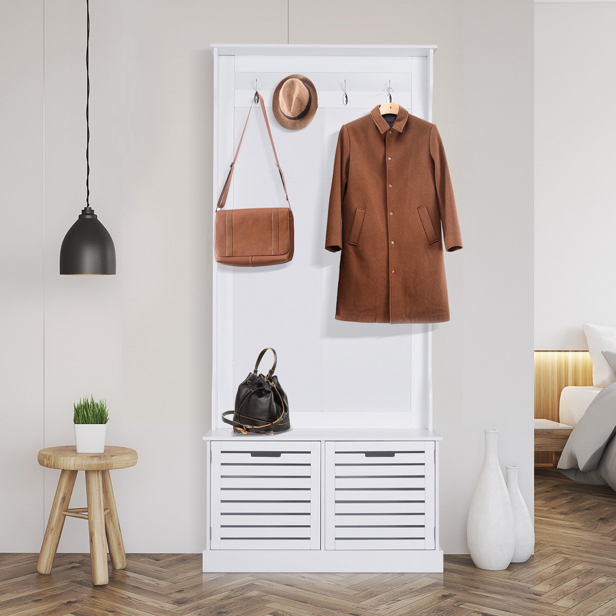 HOMCOM Garderobe staande kapstok kledingrek met bankje kapstokhaken MDF ...