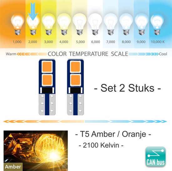 2x T5 CANBus Led Lamp set 2 stuks | AMBER | 2100k | 2200K | 12V | 4 SMD ...