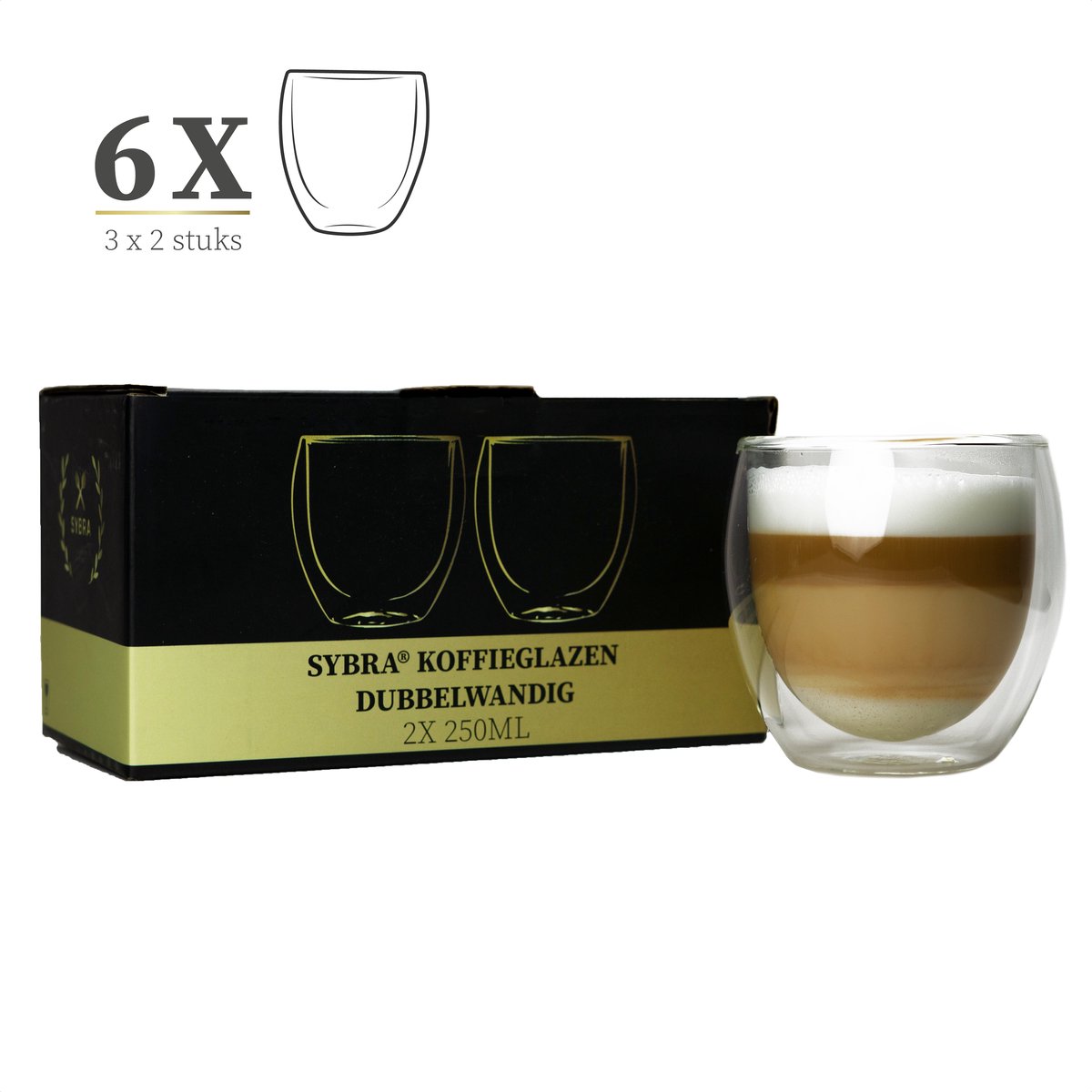 Sybra® Dubbelwandige koffieglazen - 6x 250ml - Theeglazen ...