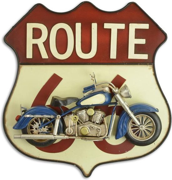 Wanddecoratie - Route 66 bord motorfiets - Tinnen plaque | bol