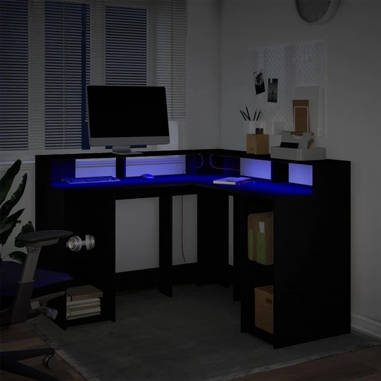 L-Shape LED Bureau – 130x130x91cm, Modern Zwart Houtsnijwerk ...