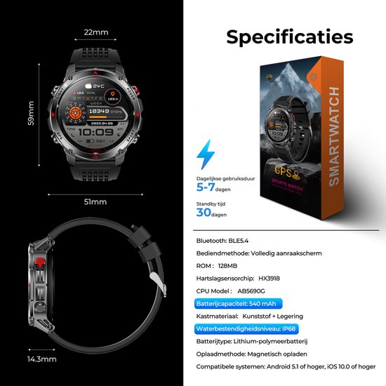 Golden Sound GPS Smartwatch Heren - 1.46'' AMOLED Display - GPS 5 ...