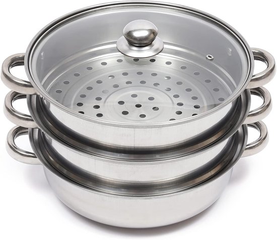 3-Delige Stoompan Set RVS (28 cm) - Inclusief Steelpan en Glazen Deksel ...