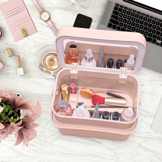 Grote Roze Make-up Koffer met LED Verlichte Spiegel - Draagbare Vanity ...