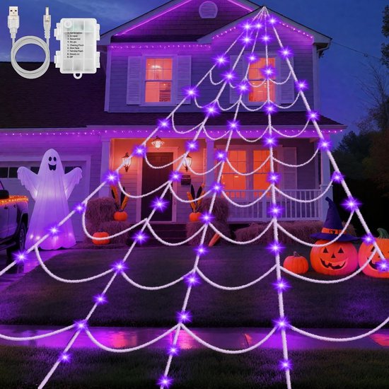 Halloween Lichtketting 6m - 150 Paarse LED Lampjes - Spinnenweb ...