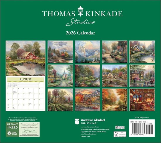 Luxe Muurkalender 2026 met 13 Landschapsschilderijen van Thomas Kinkade ...