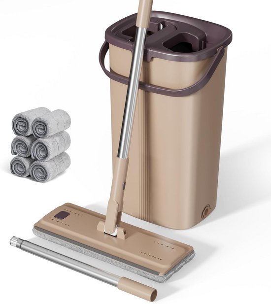 Platte Vloerwisser met Emmer en 6 Microvezel Dweilen voor Hardhout en ...