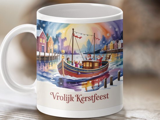 Mok Vrolijk Kerstfeest, kerst mok, boot mok, winter mok, santa mok ...