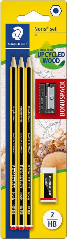 Set van 3 HB Potloden Zeskant Met Puntenslijper en Gum - Hoge Kwaliteit ...