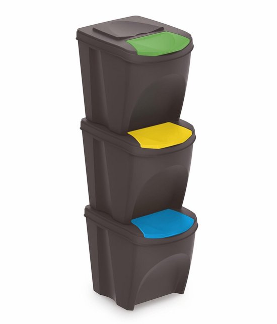 Set van 3 Stapelbare Afvalbakken 25L - Antraciet ...